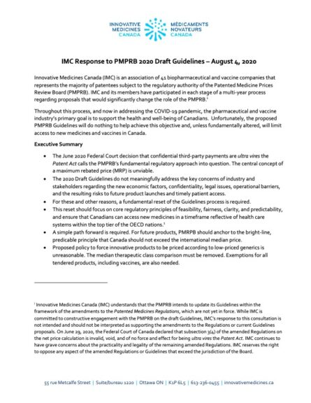 IMC Response to PMPRB 2020 Draft Guidelines - Innovative Medicines Canada