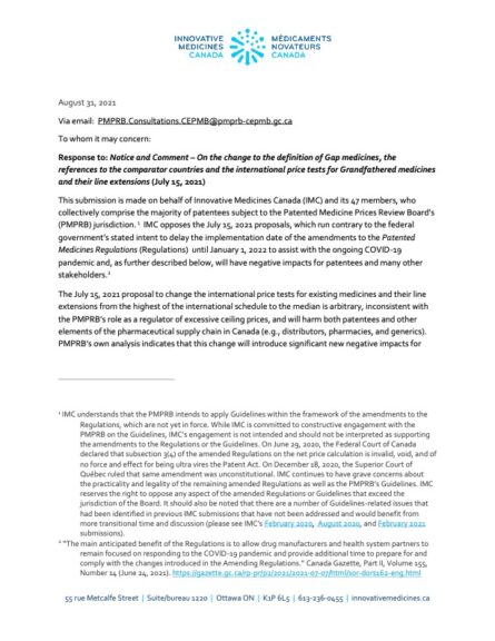 PMPRB Notice and Comment Response - Innovative Medicines Canada