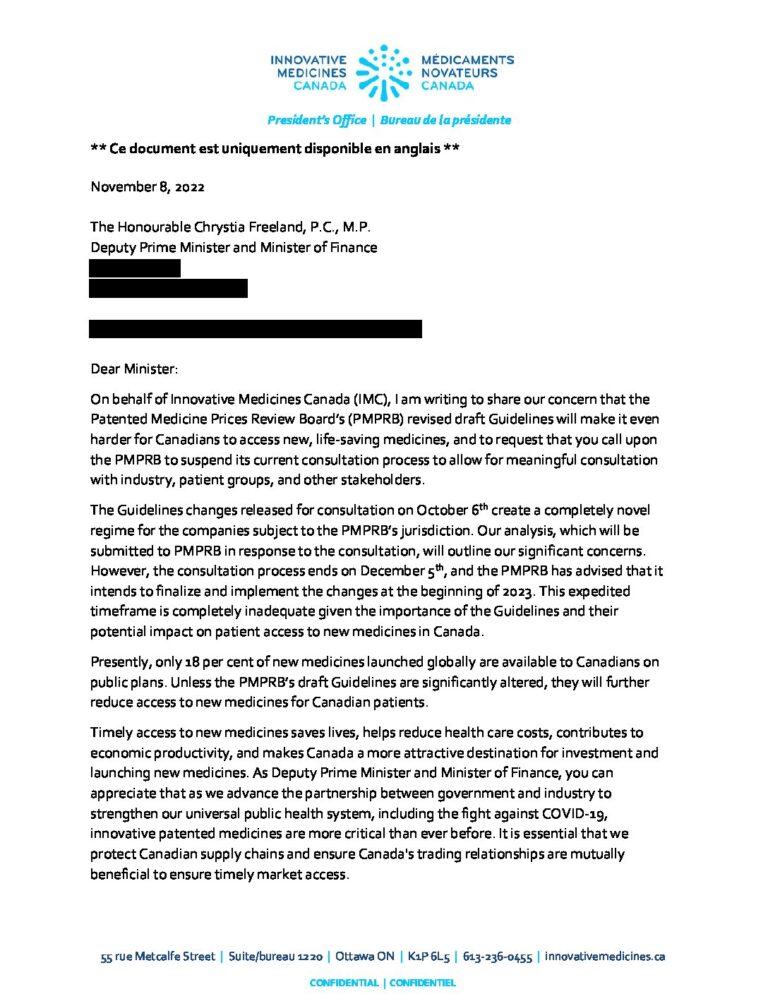 Letter to The Hon. Chrystia Freeland, P.C., M.P. - Innovative Medicines ...