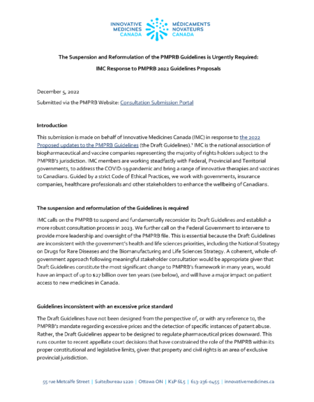 The Suspension and Reformulation of the PMPRB Guidelines is Urgently ...