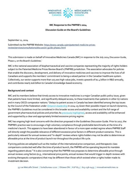 Patented Medicine Prices Review Board (PMPRB) - Innovative Medicines Canada